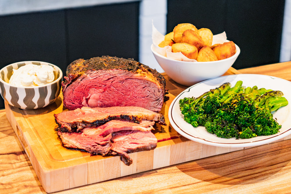 Reverse sear ribeye, crispy potatoes, broccolini and horseradish cream ...